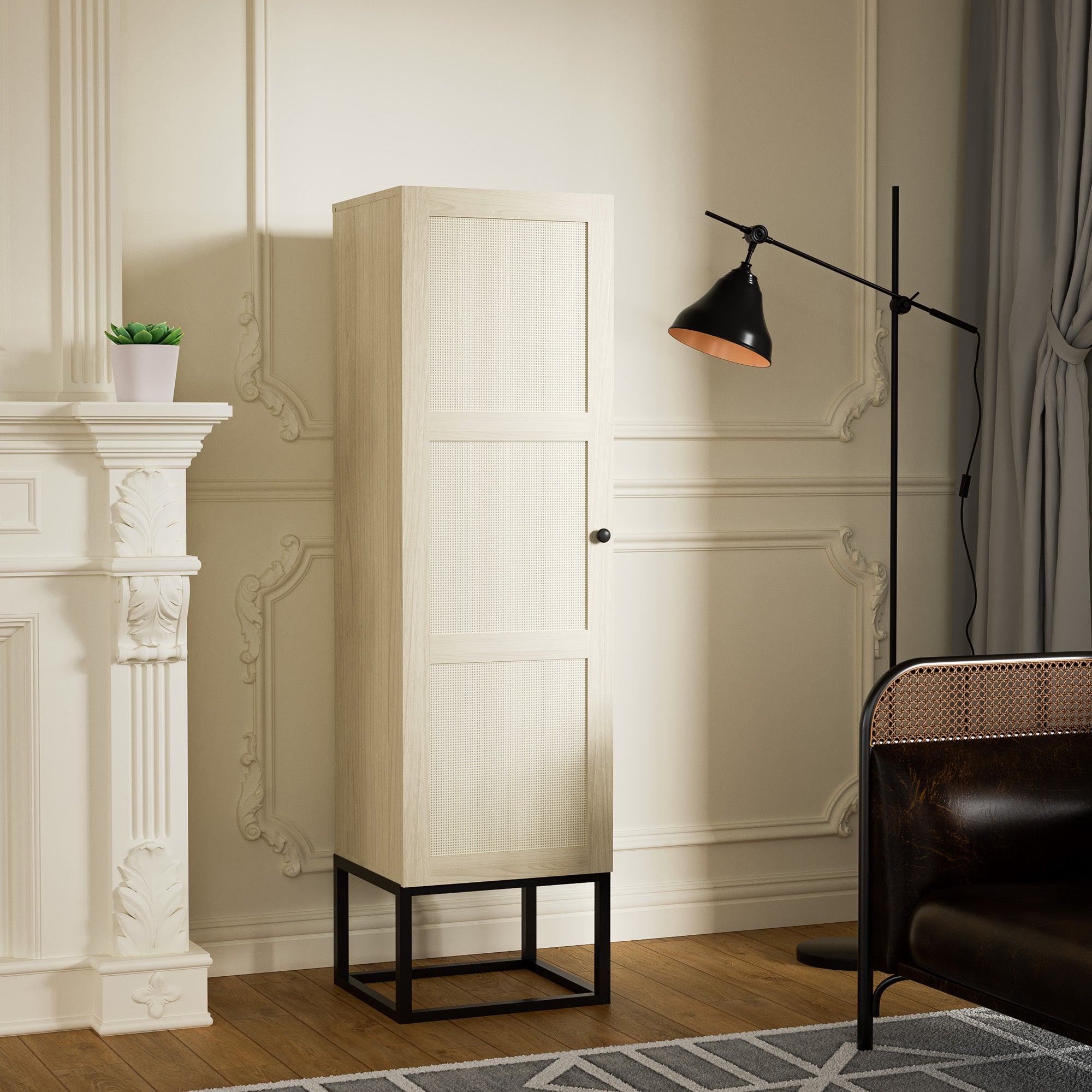 Cozy Castle 58" Rattan Oak Storage Cabinet with Door and Adjustable Sh ...