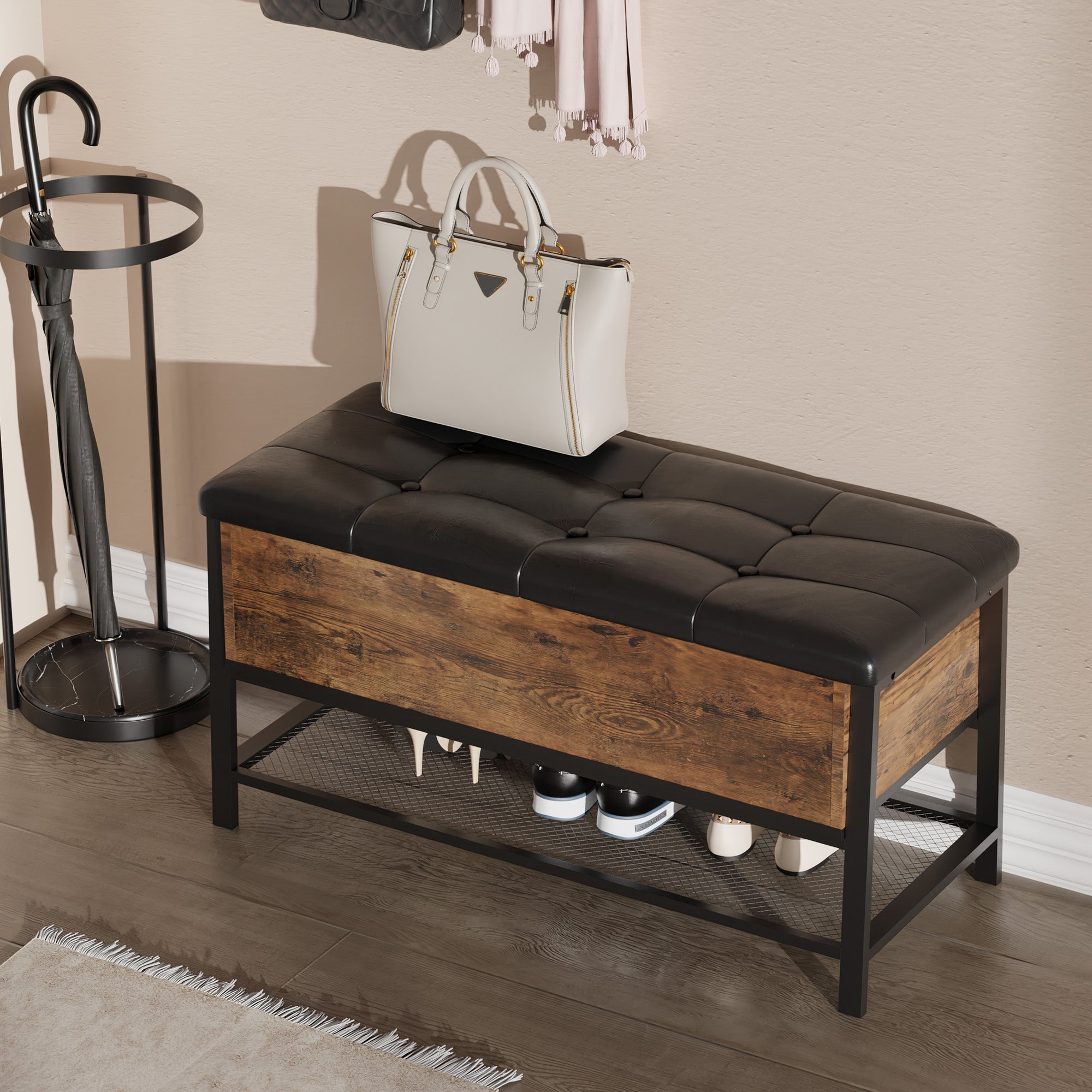 Industrial Storage Bench, Shoe Rack Bench, Bed End Stool with Padded S ...