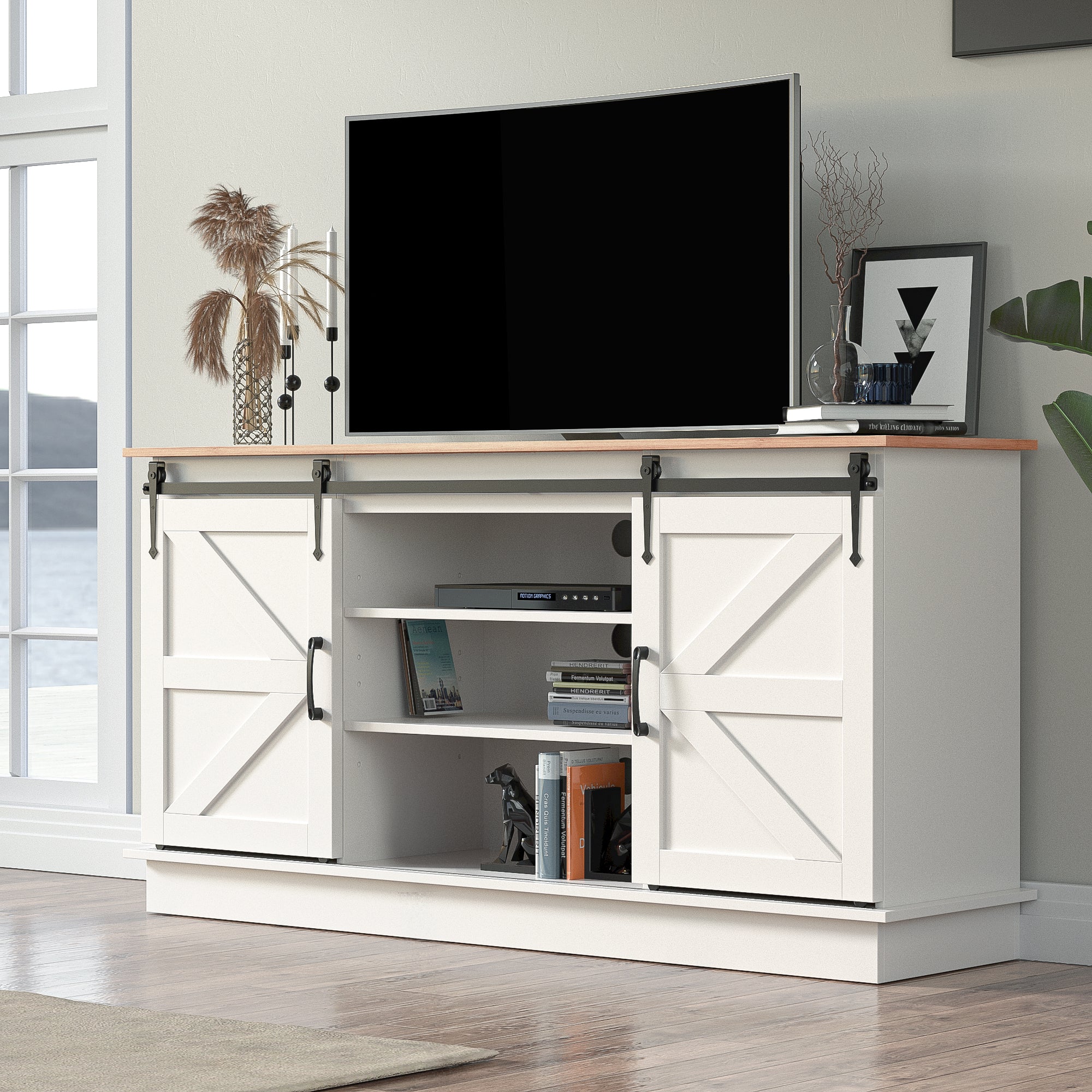 Cozy Castle Farmhouse TV Stand for 60/65/70 Inch TV, Sliding Barn Door ...