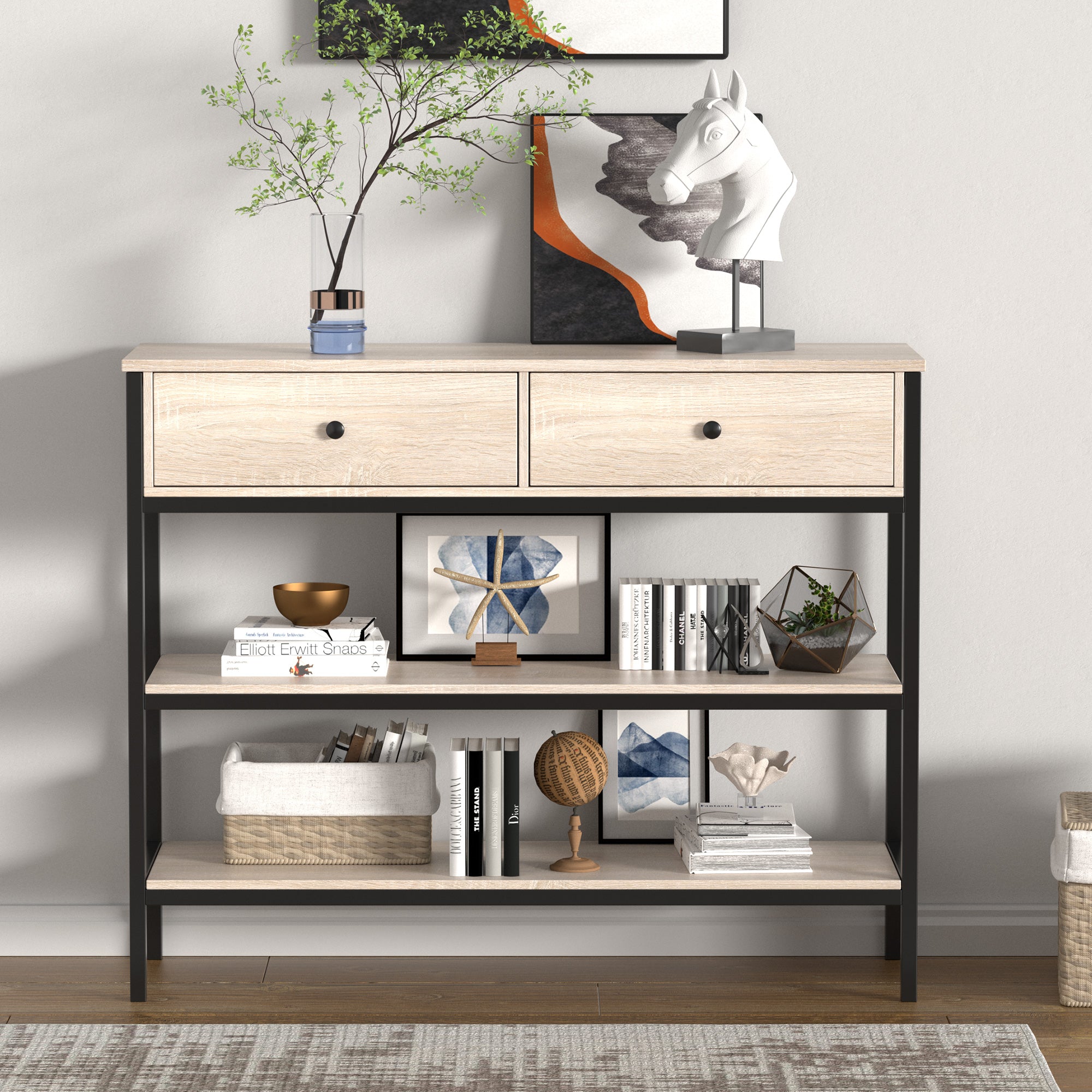 3-Tier Console Table with Drawers, Industrial Sofa Entryway Table Narr ...